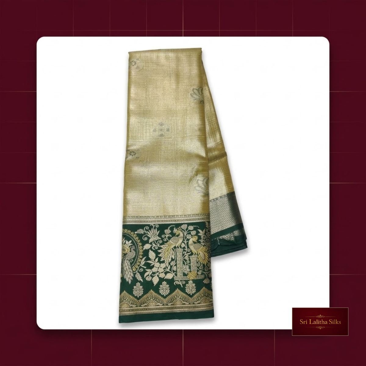 Premium Full Mix Saree in Champagne Gold with Emerald Green Meenakari ...
